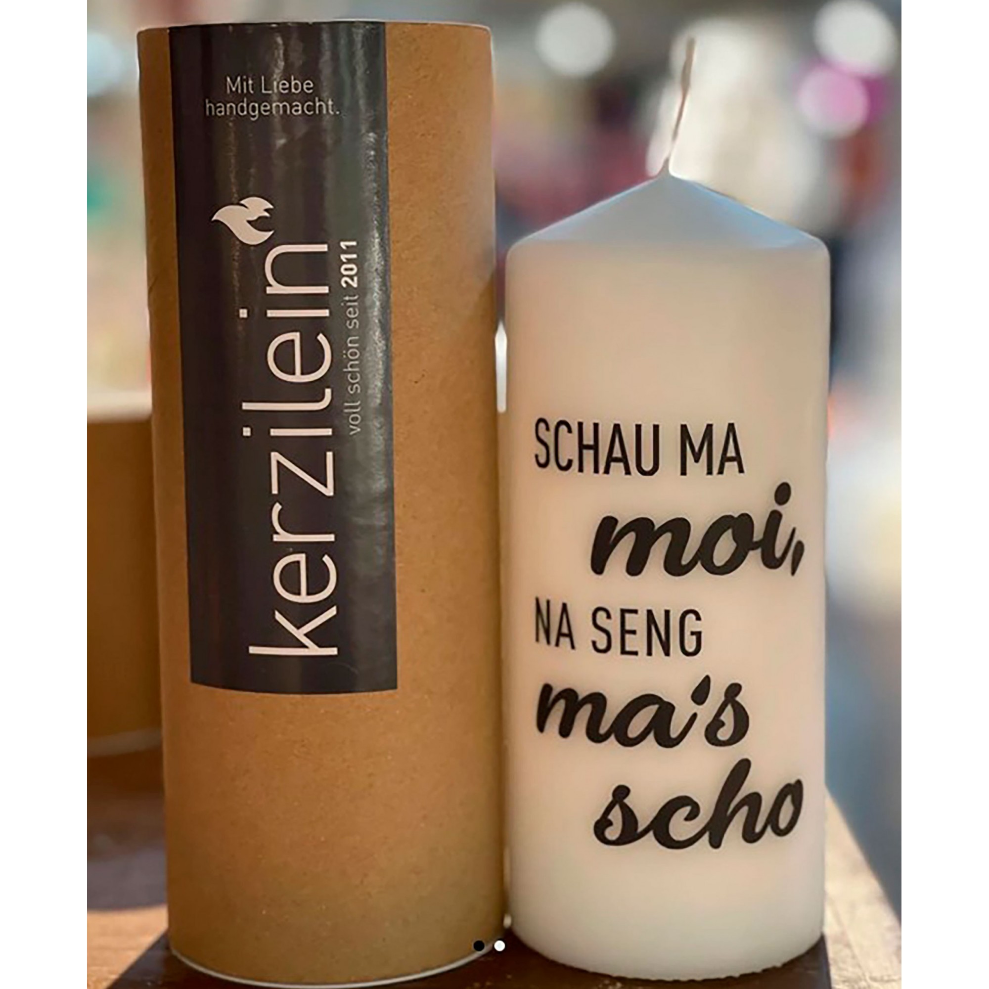 Kerze weiß/anthrazit - Schau ma moi, na seng ma´s scho kaufen